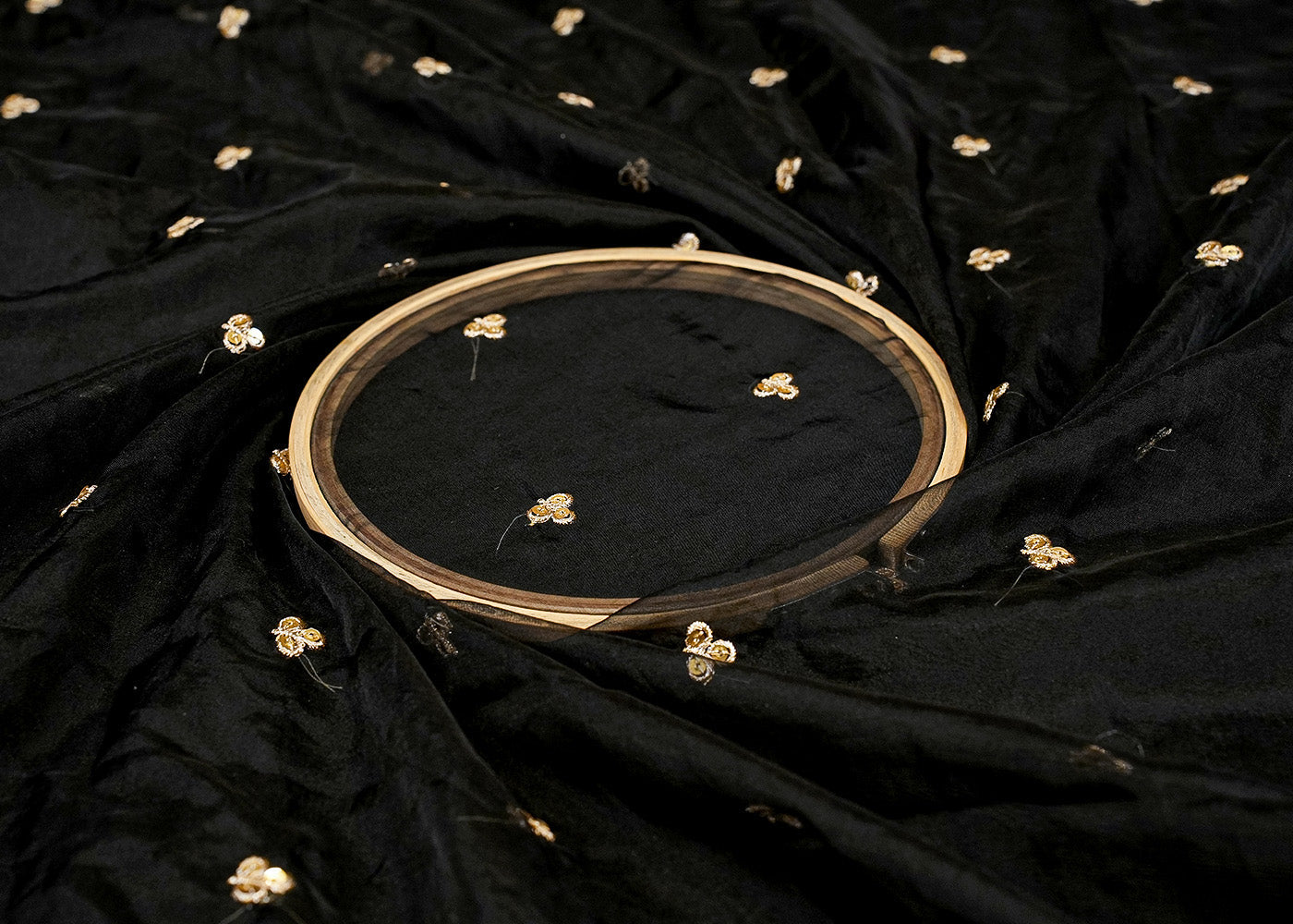 Black Motifs Buti Of Cutdana Pearl Bead Work Shimmering Organza Fabric