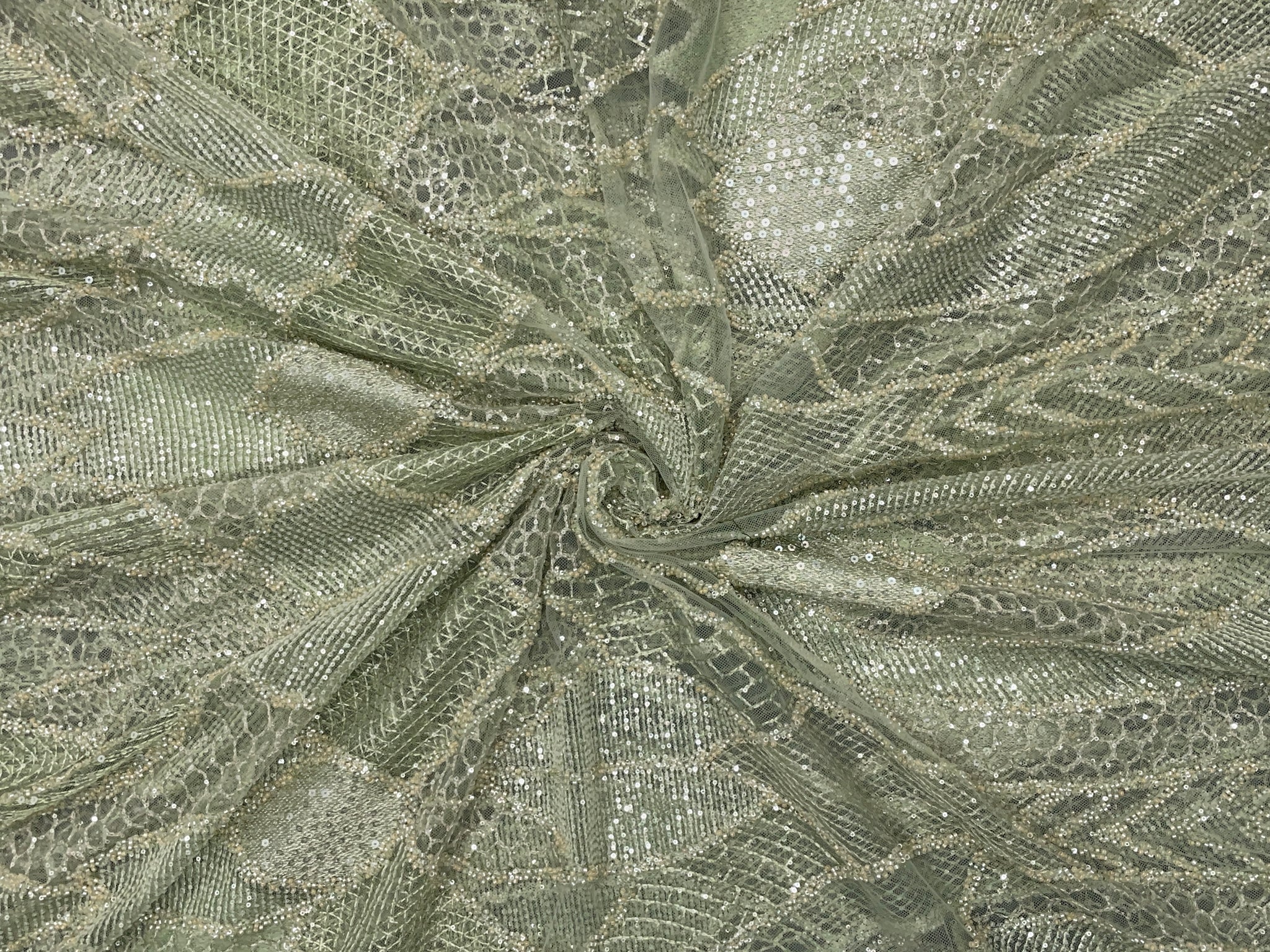 Pista Green Abstract Sequence Net Embroidered Fabric
